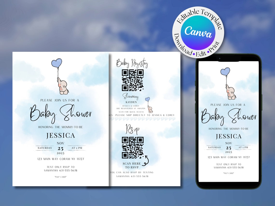 Editable Blue Elephant Baby Shower Invitation With QR Codes, Cloud Baby ...
