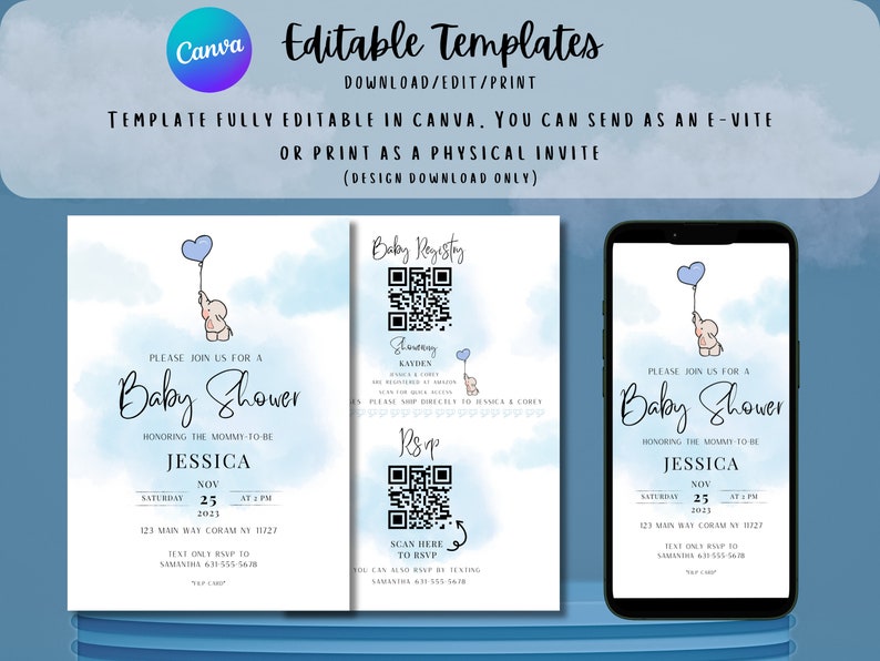 Editable Blue Elephant Baby Shower Invitation With QR Codes, Cloud Baby ...