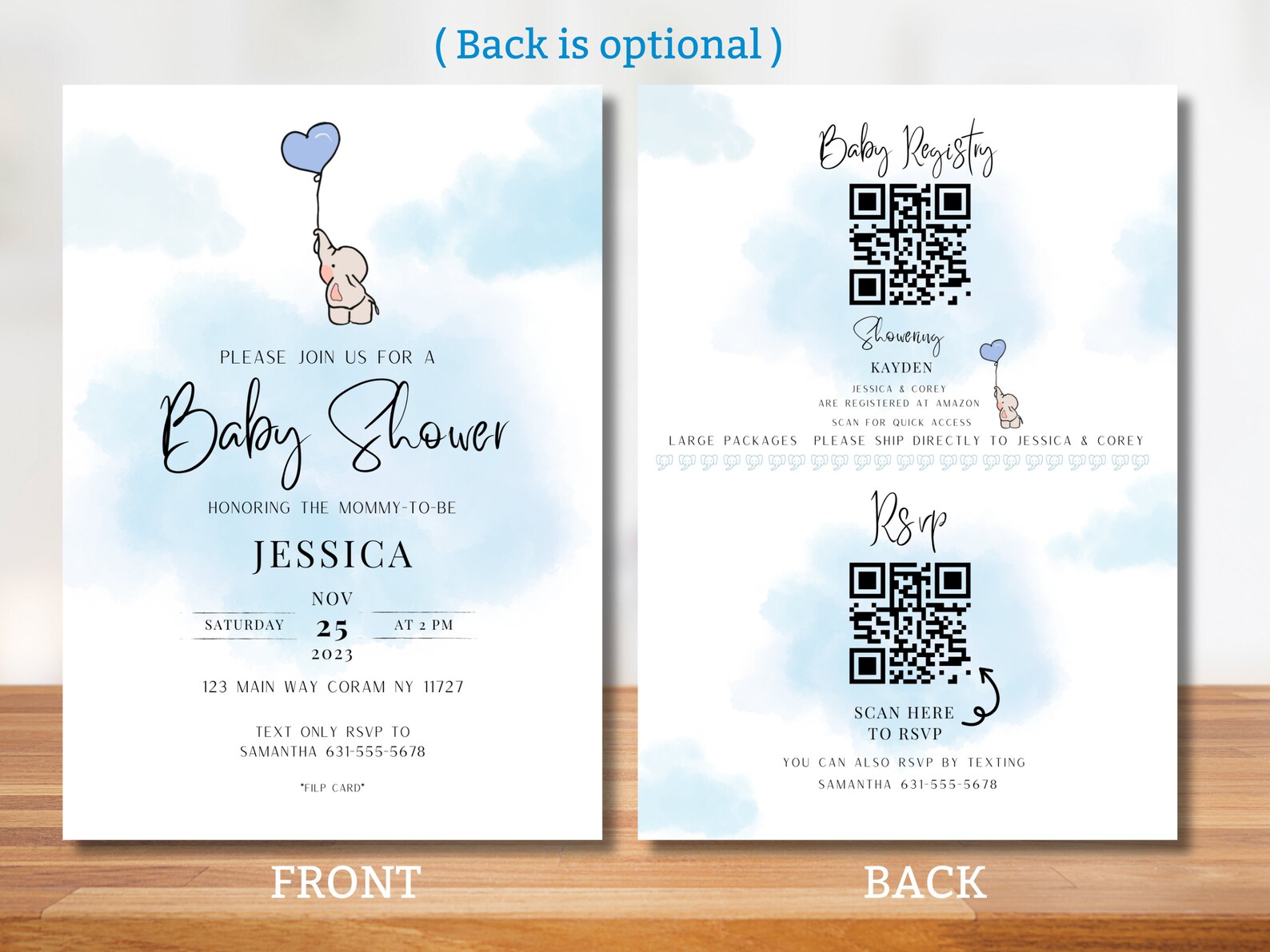 Editable Blue Elephant Baby Shower Invitation With QR Codes, Cloud Baby ...