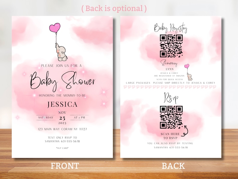 Editable Pink Elephant Baby Shower Invitation With QR Codes, Cloud Baby ...