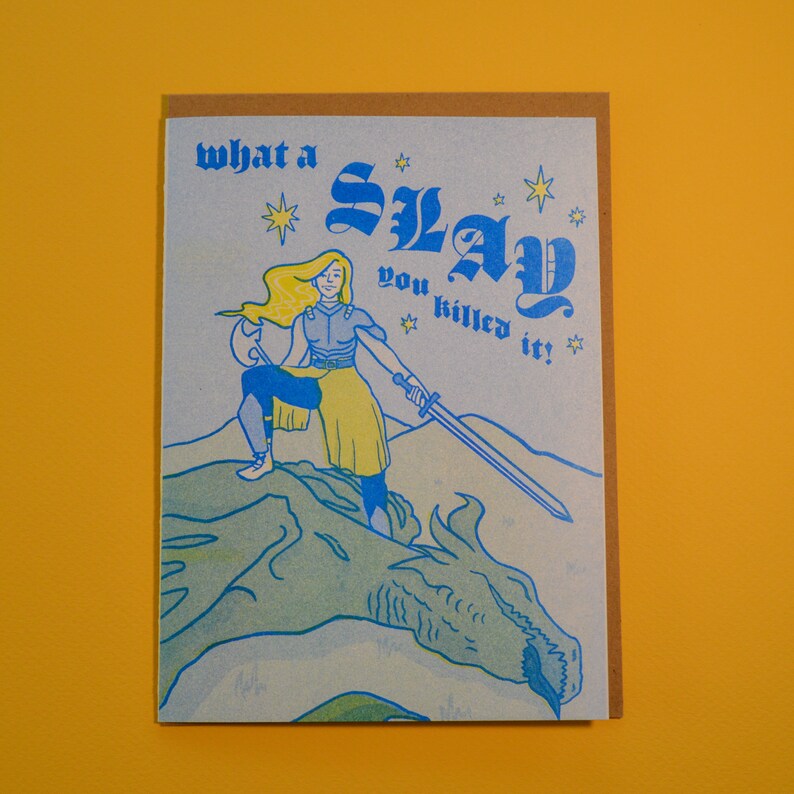 Congrats Slay Knight Dragon Risograph Greeting Card - Etsy