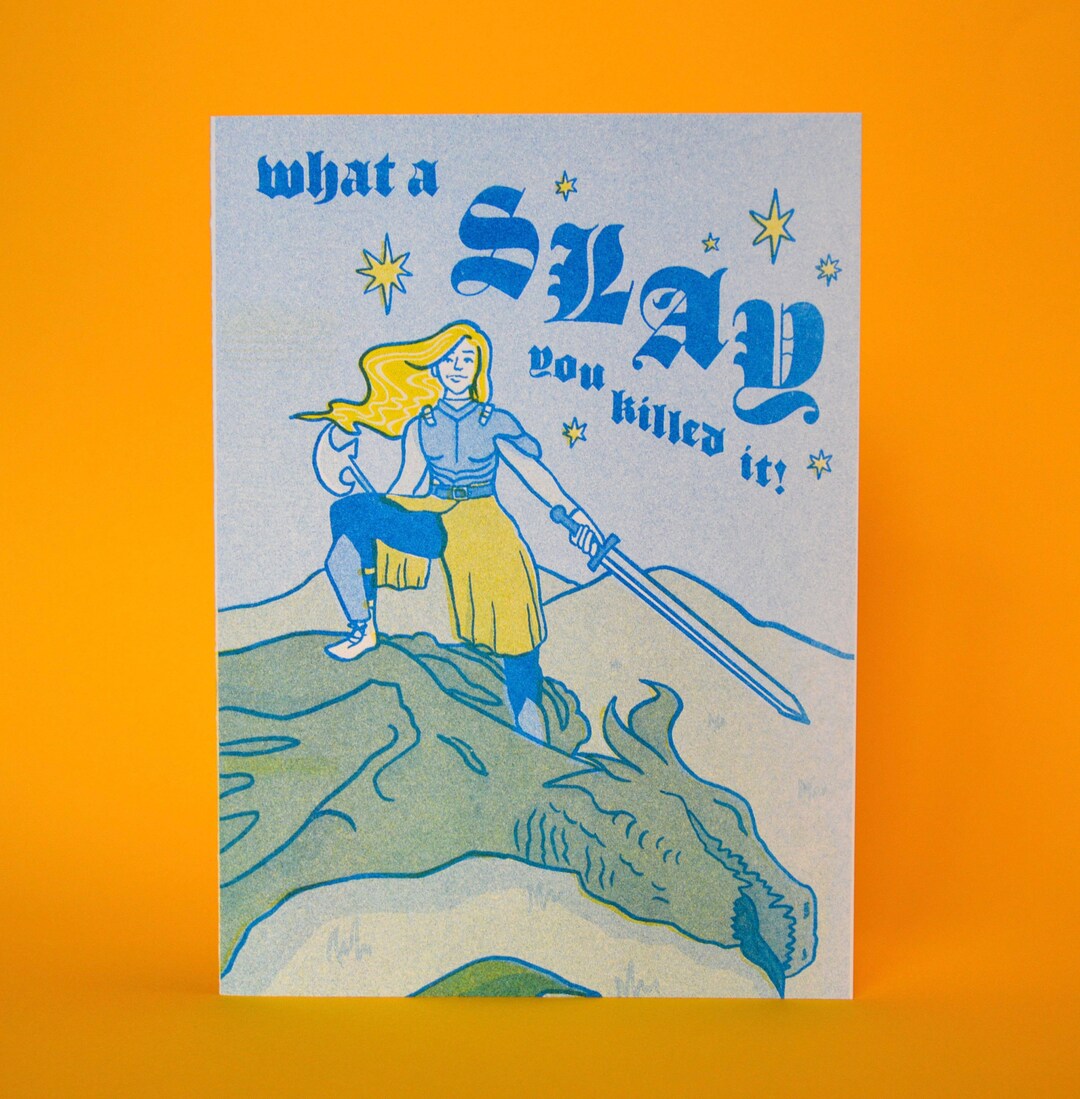 Congrats Slay Knight Dragon Risograph Greeting Card - Etsy