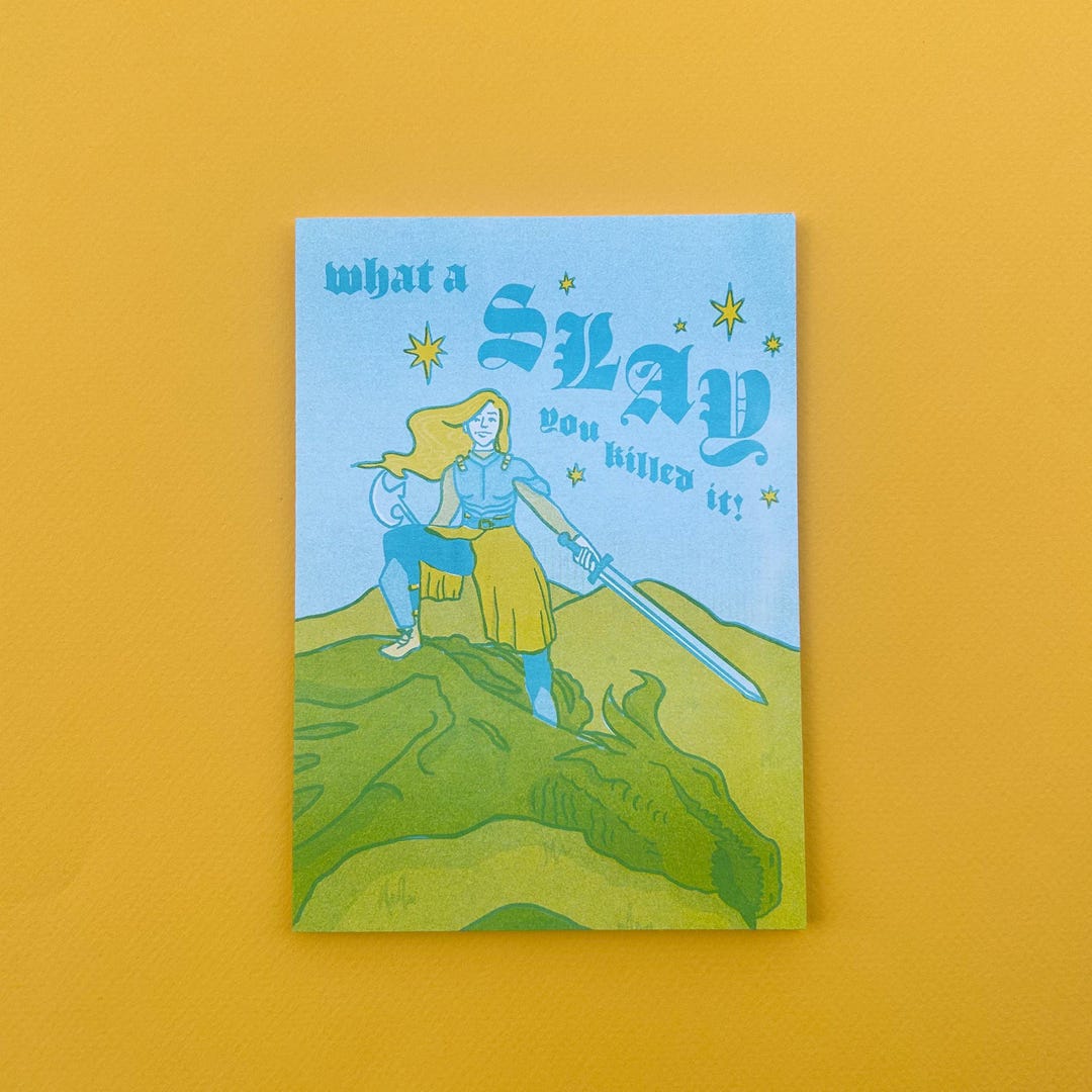 Congrats Slay Knight Dragon Risograph Greeting Card - Etsy