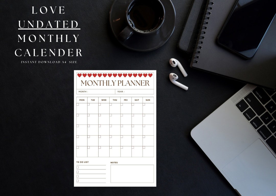Undated Love Monthly Planner Printable, Monday Start, Minimalist Design ...