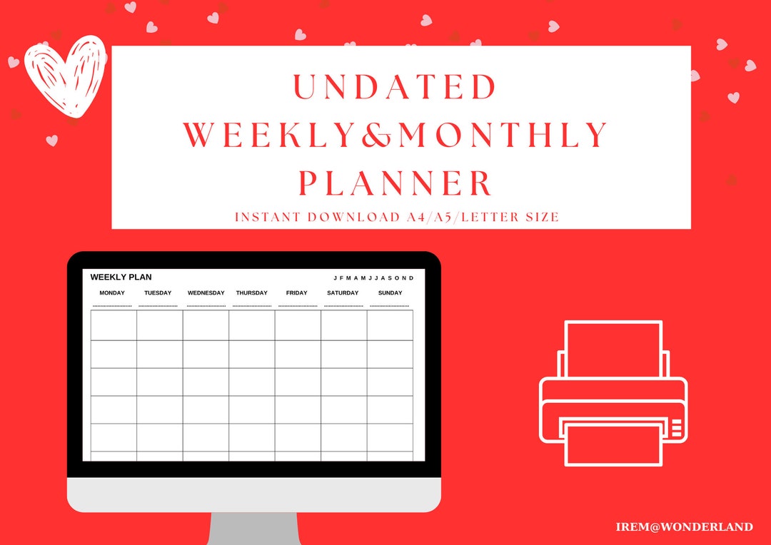 Undated Printable Weekly and Monthly Planner, Monday & Sunday Start ...