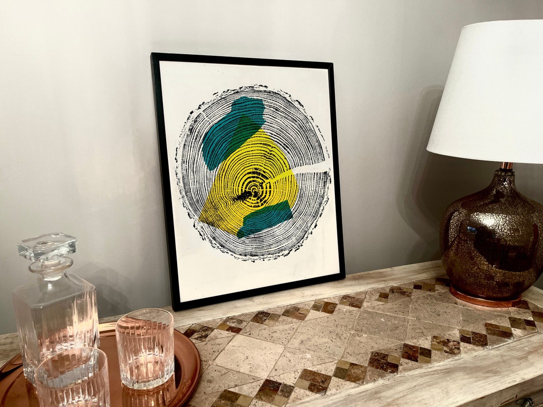 English Larch Tree Ring Woodcut Print: Blue & Yellow - Etsy