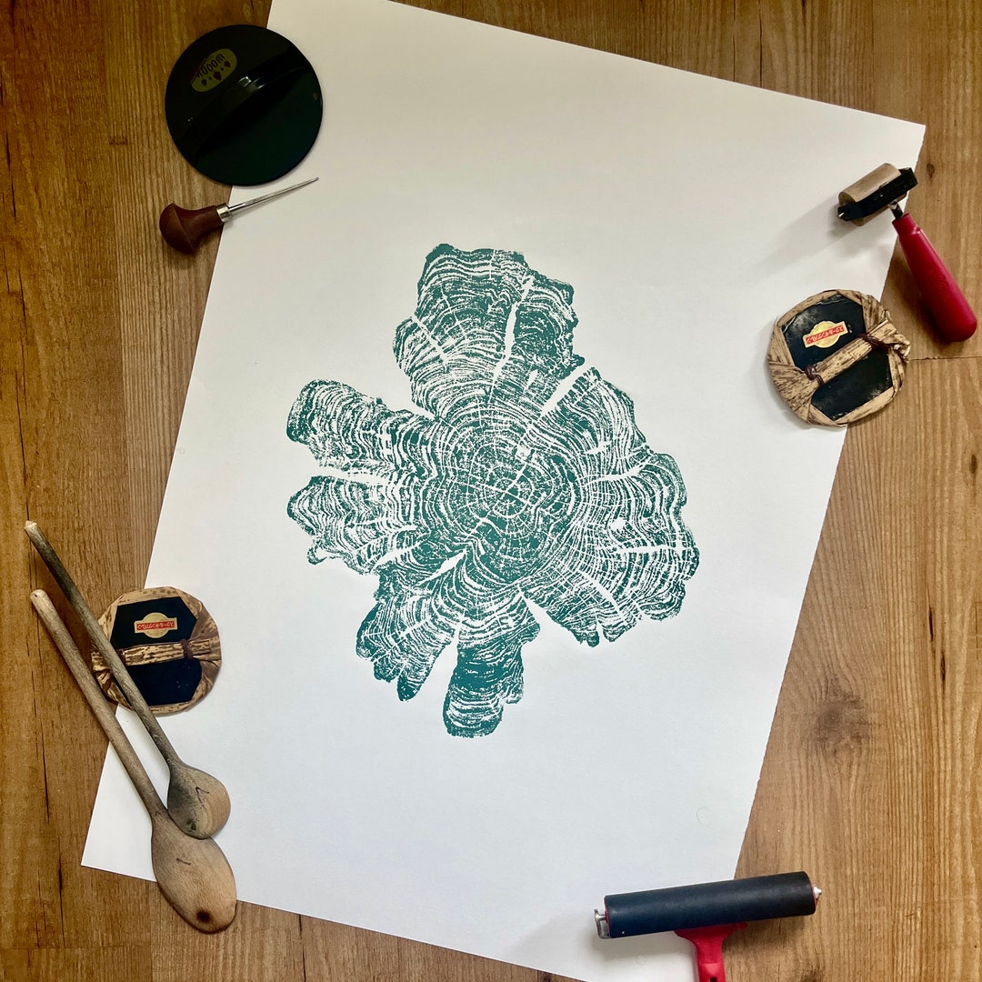 Olive Tree Ring Woodcut Print: Large Blue-grey Stump Art - Etsy