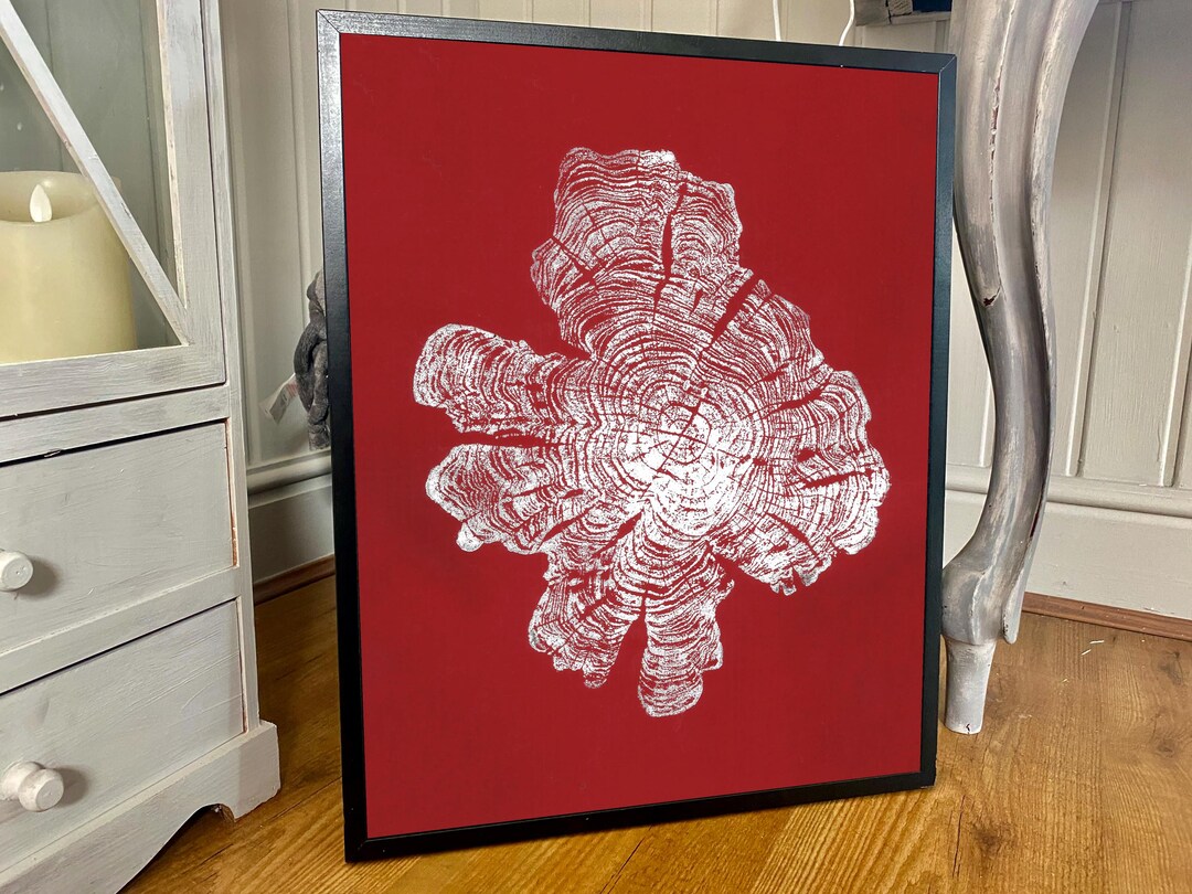 Olive Tree Ring Print, Tree Ring Print, Red and White, Large Woodcut ...