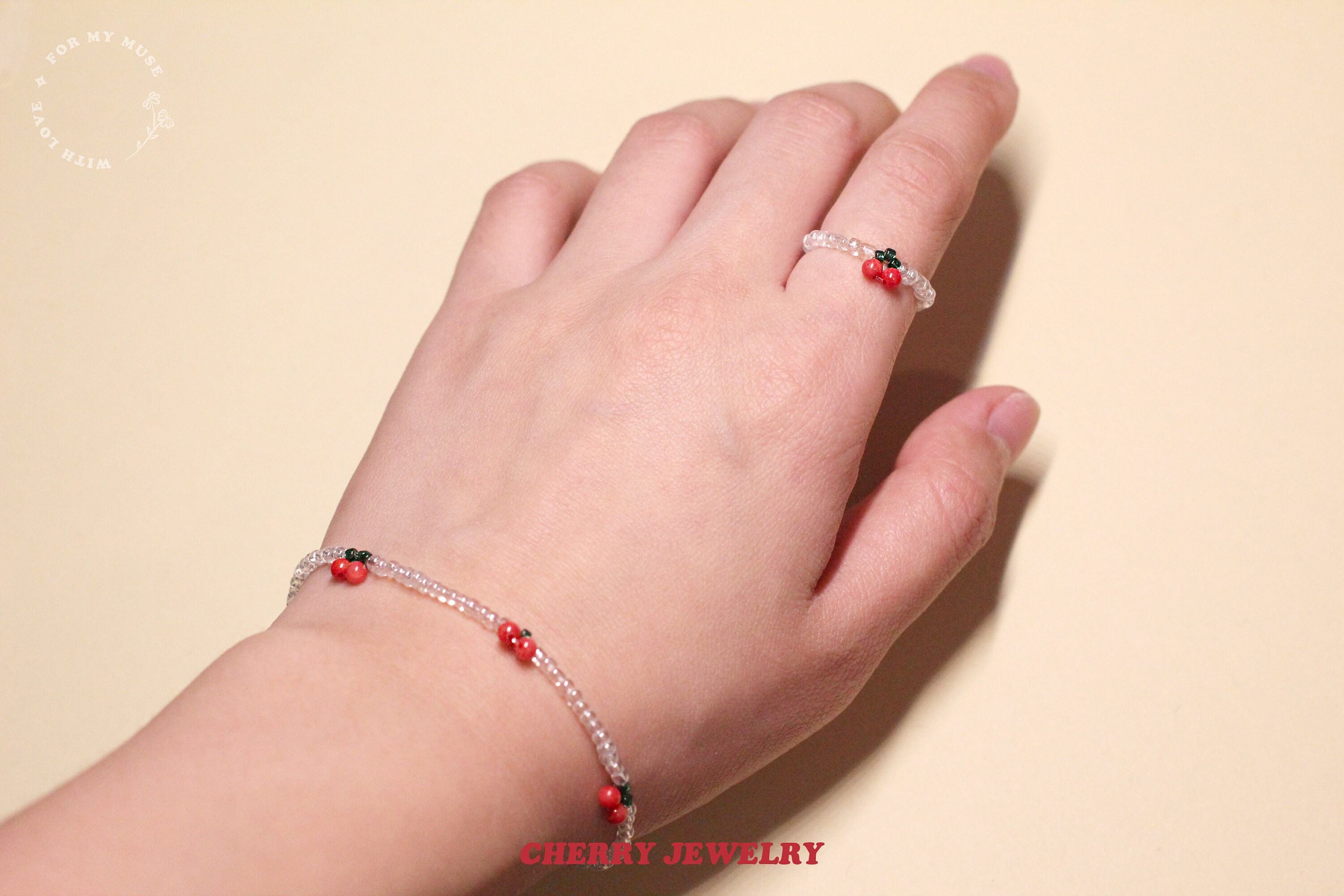 Cherry Braceletring Set Dainty Beaded Fruit Cherry Jewelry | Etsy