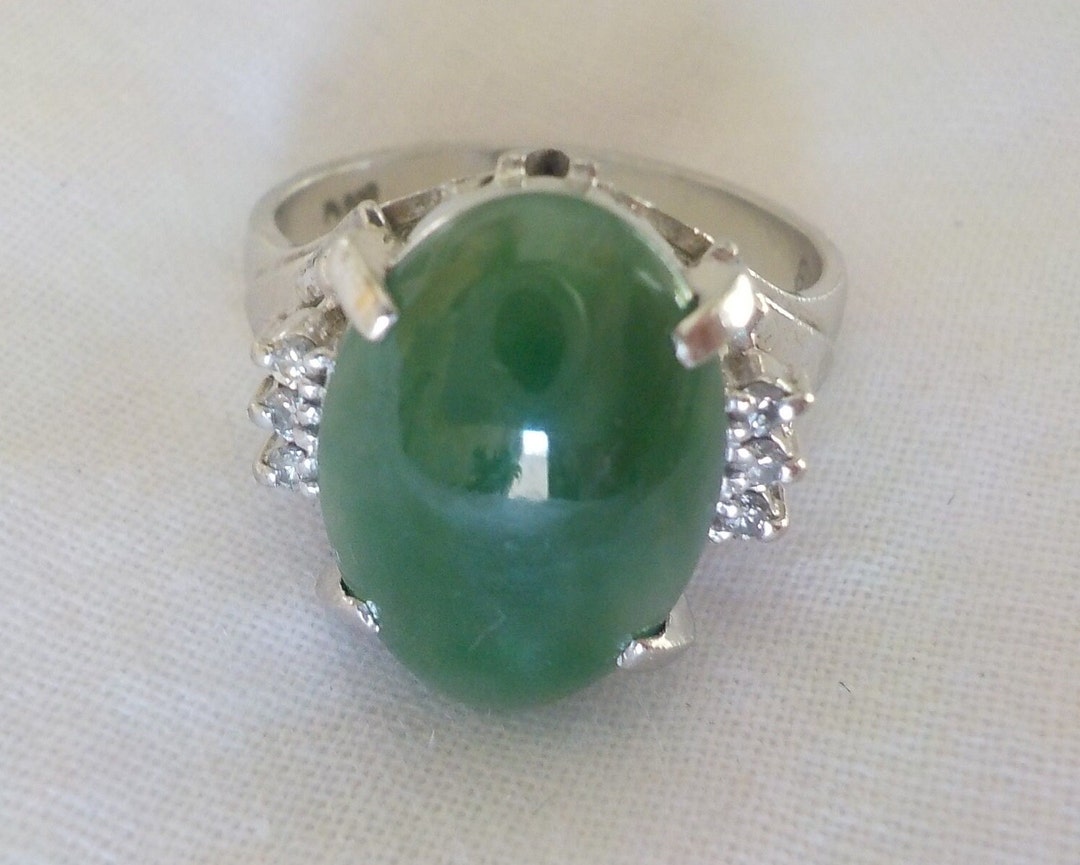 Solid Platinum Rich Green Jade Diamond Ring - 7.36 Gms, Sz 6.5, 4.58 ...
