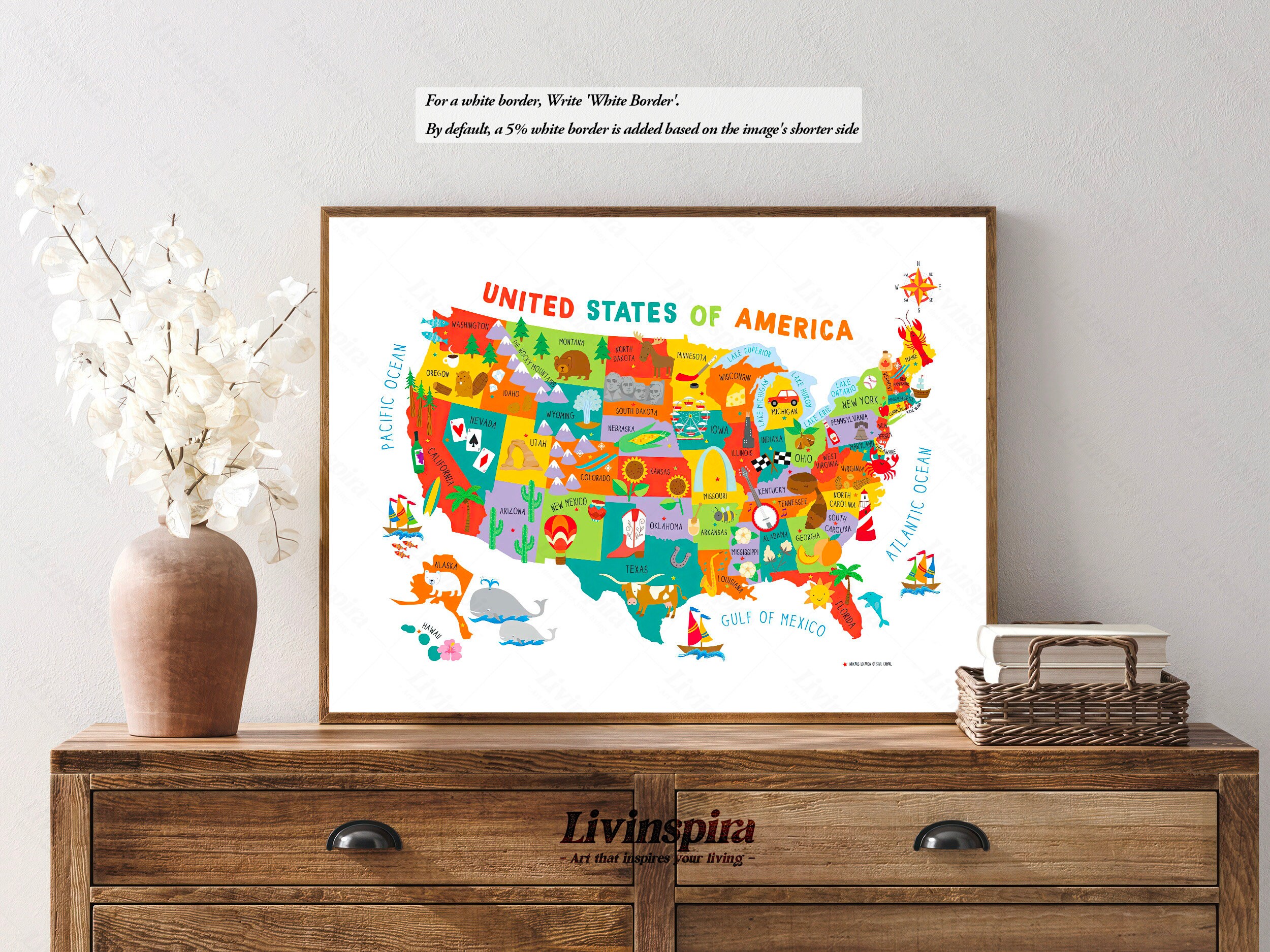 Educational Geographical USA Map Poster of the State Signature Features ...