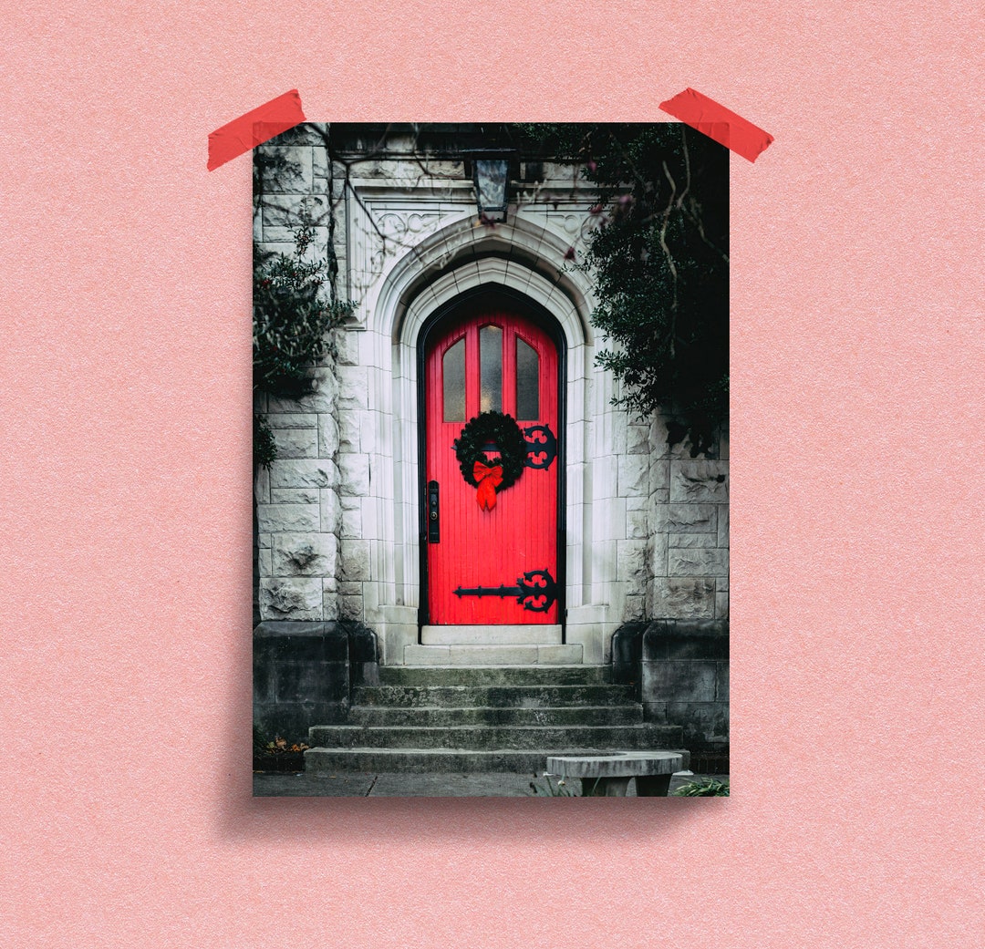Festive Red Door Poster | Classic Christmas Wreath Print, Welcoming ...