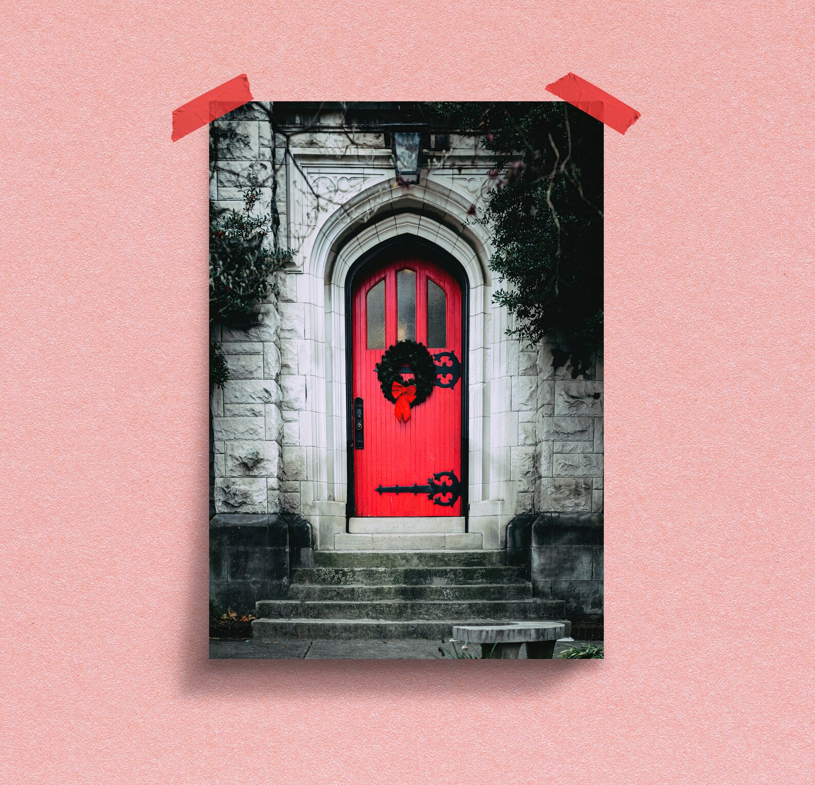 Festive Red Door Poster Classic Christmas Wreath Print, Welcoming ...