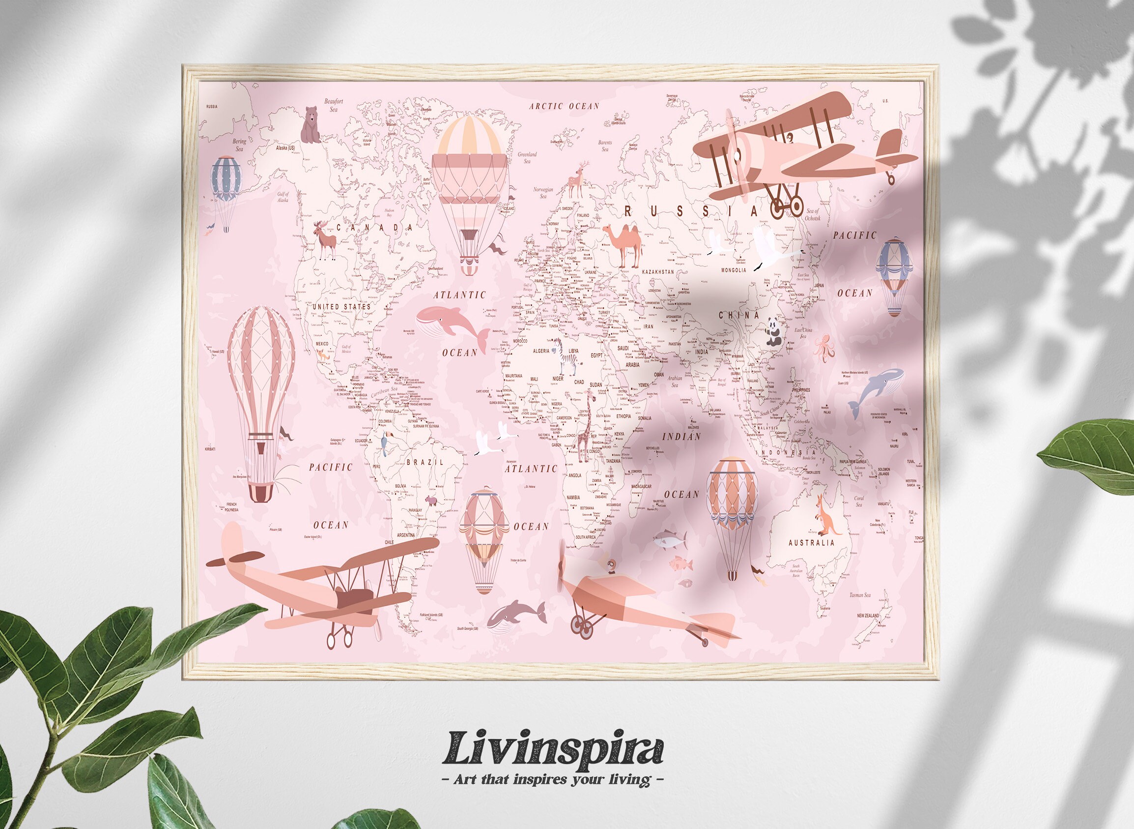 Educational Map of the World for Girl Hot Air Balloon, Planes World Map ...