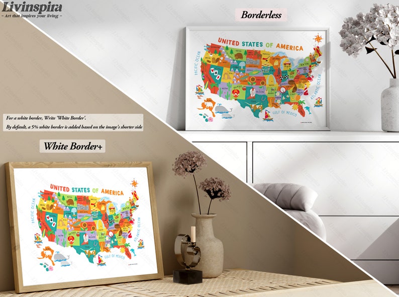 Educational USA Map Print of the State Signature Features & Landmarks ...