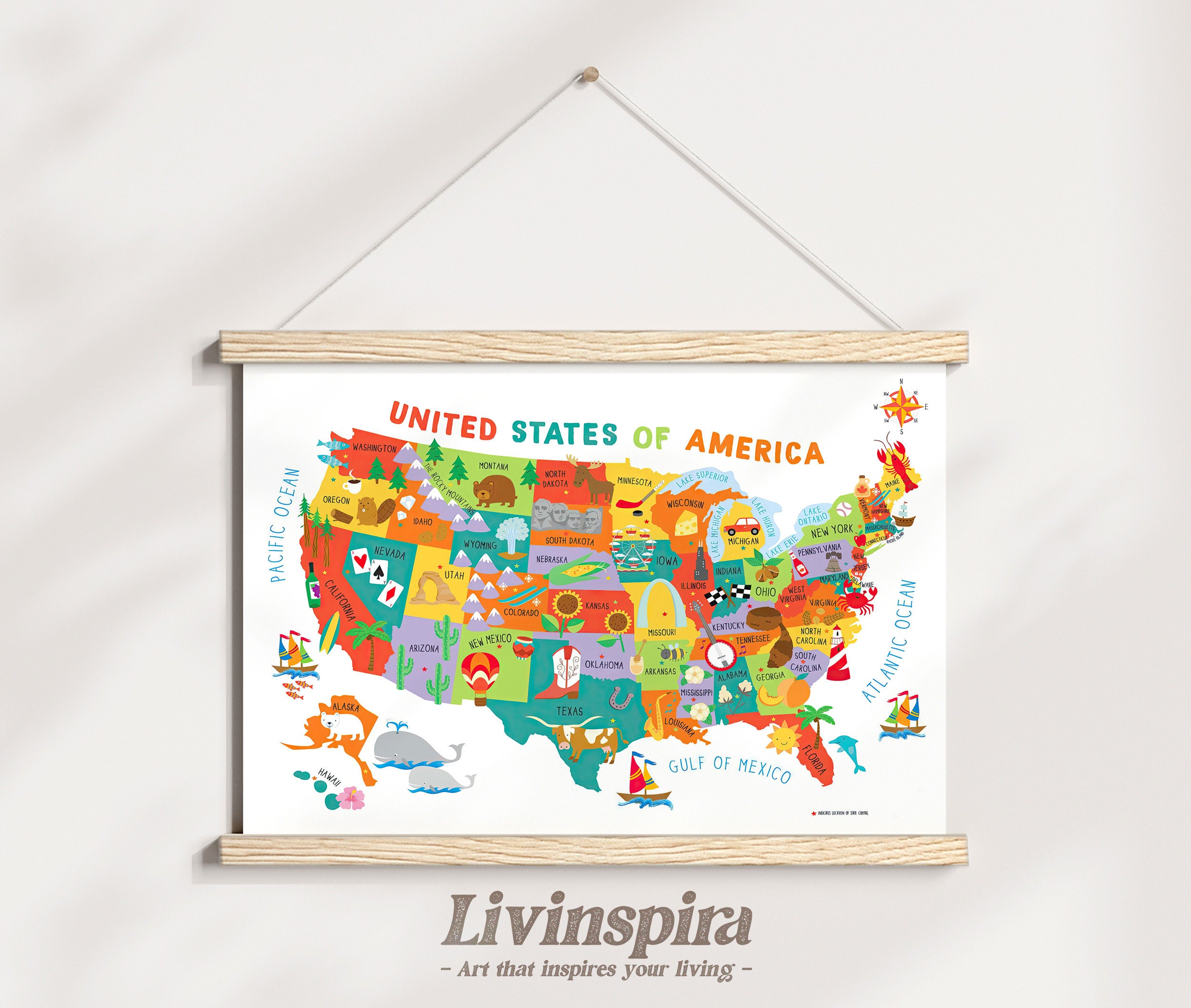 Educational USA Map Print of the State Signature Features & Landmarks ...