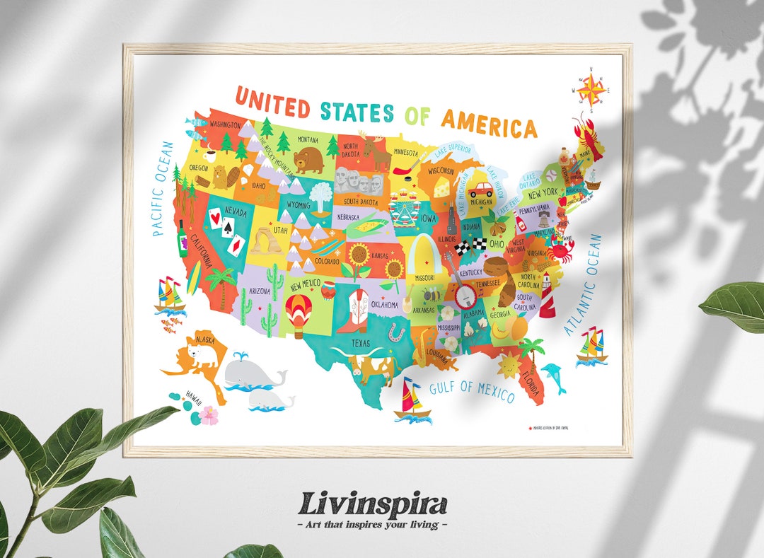 Educational Geographical USA Map Poster of the State Signature Features ...