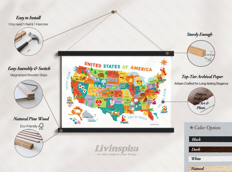 Educational USA Map Print of the State Signature Features & Landmarks ...