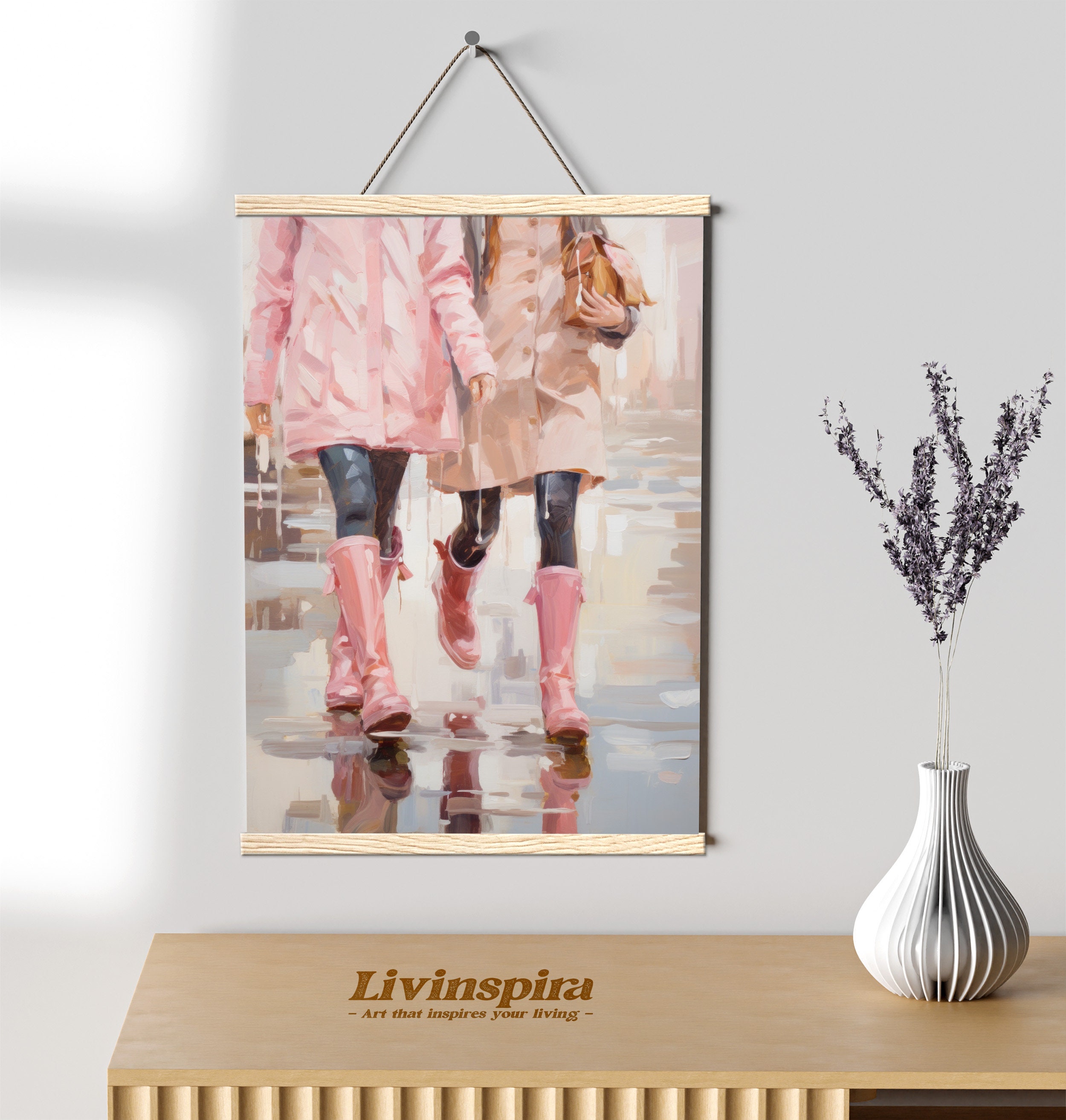 Girls in Pink | Rainy Day Reflections Oil Painting | Preppy Style City ...