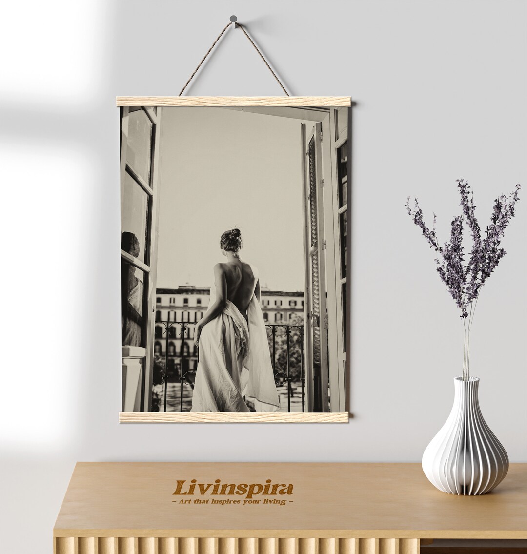 Elegant Back Pose Print | Serene Woman Looking Over Balcony | Perfect ...