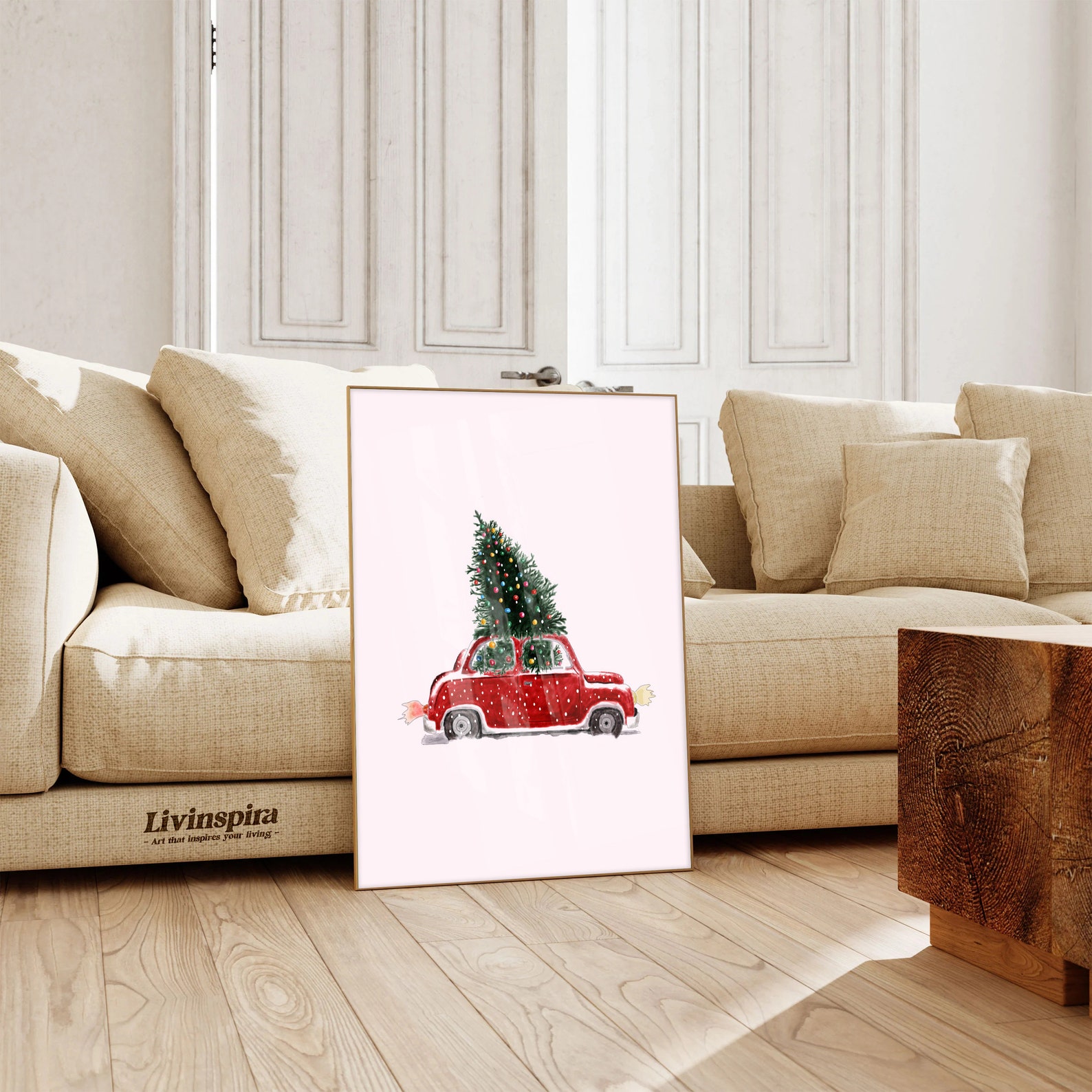 Festive Holiday Car Print | Vintage Red Car With Christmas Tree Poster ...