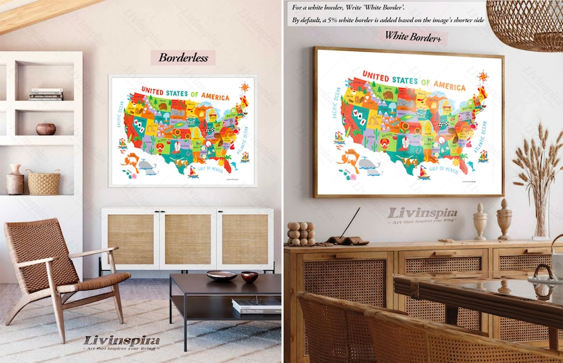 Educational USA Map Print of the State Signature Features & Landmarks ...