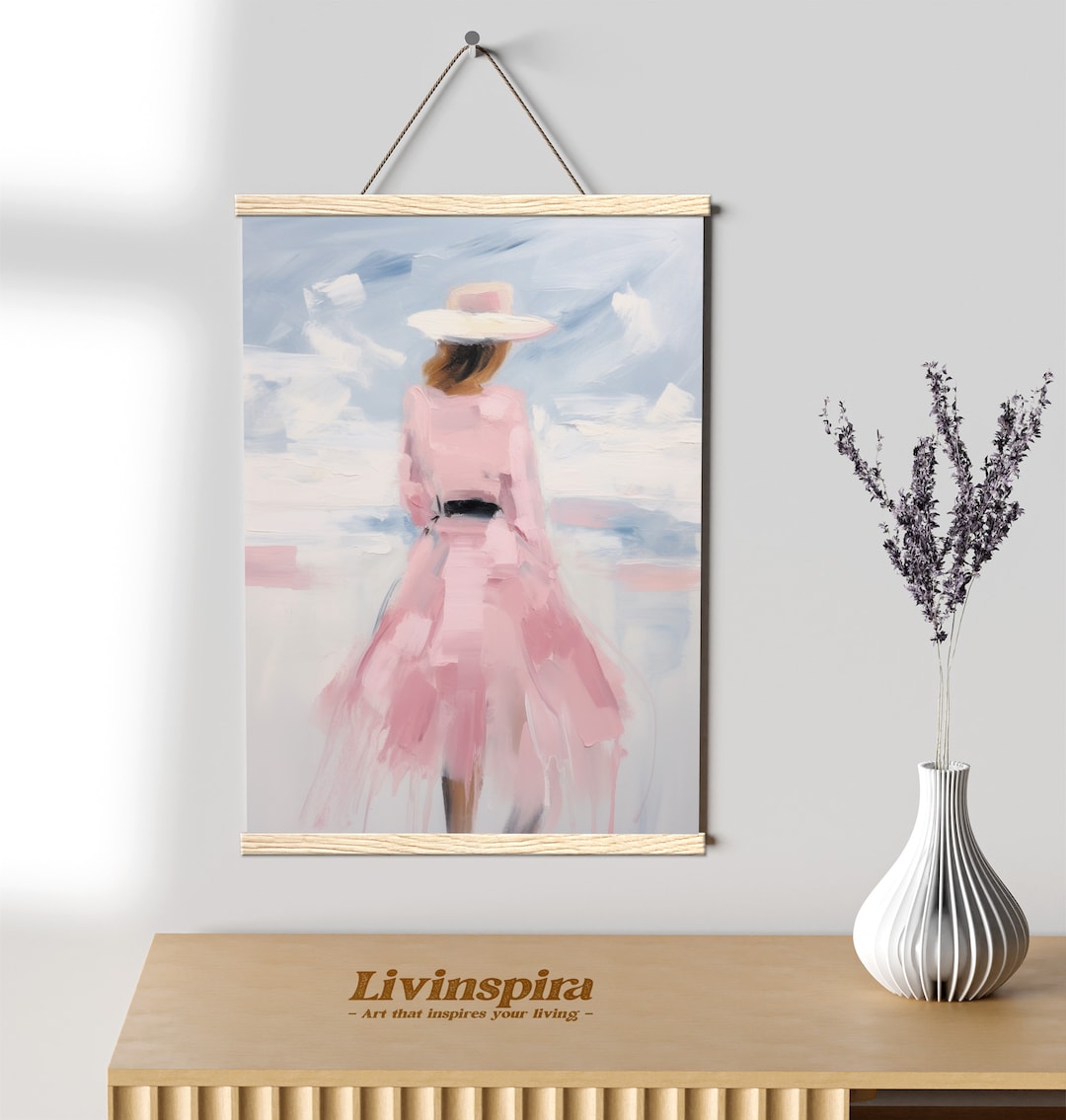 Abstract Woman in Pink Dress Painting Poster | Feminine Coastal Style ...