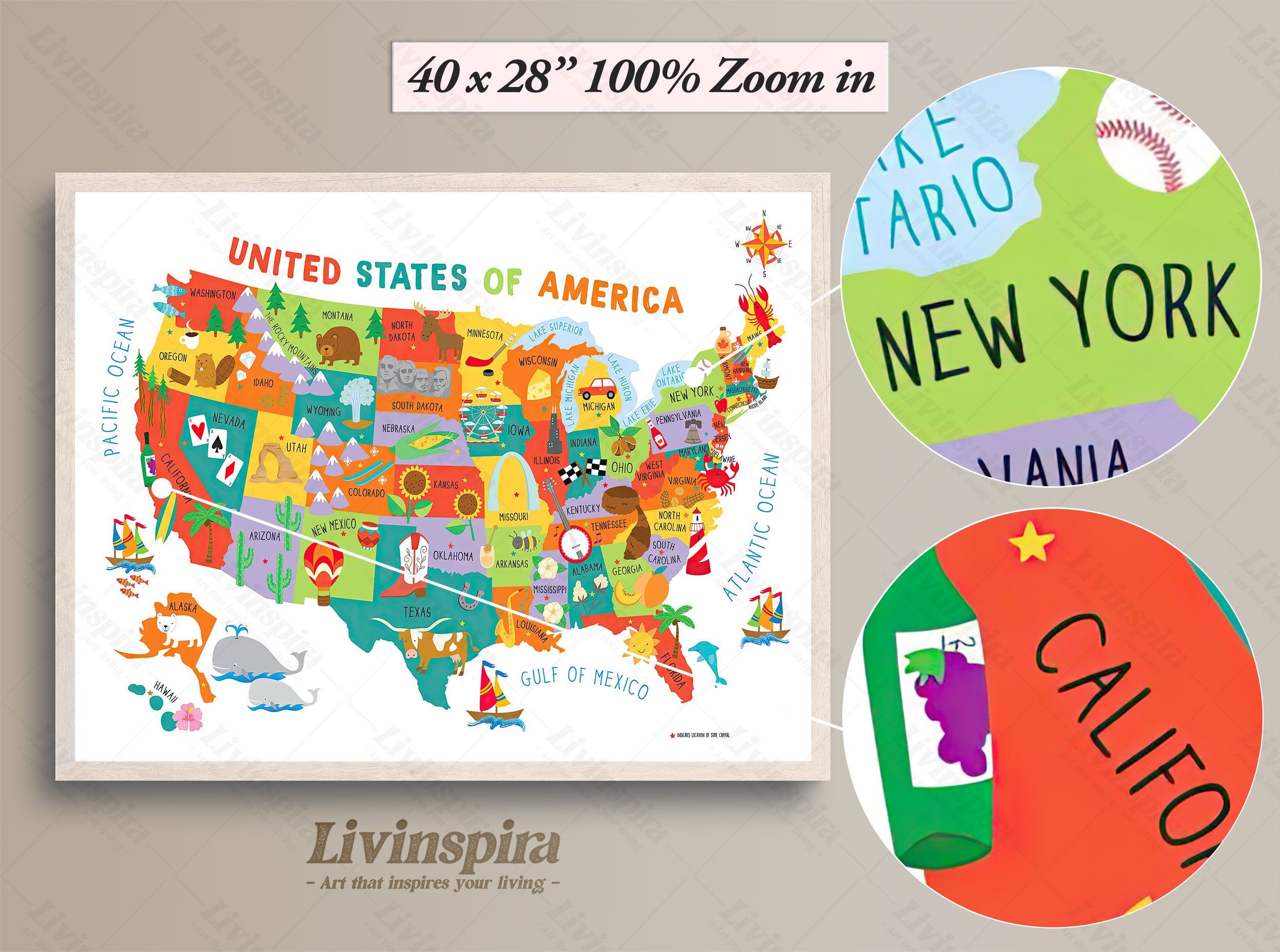 Educational Geographical USA Map Poster of the State Signature - Etsy