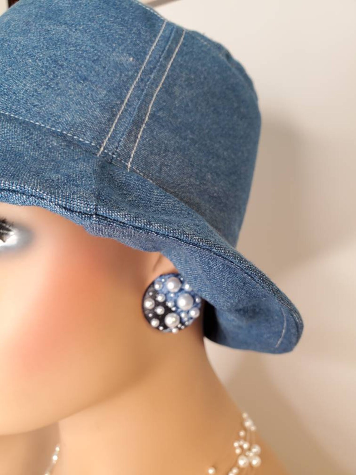 Denim Blue Jean Pearl Patchwork Earrings - Etsy