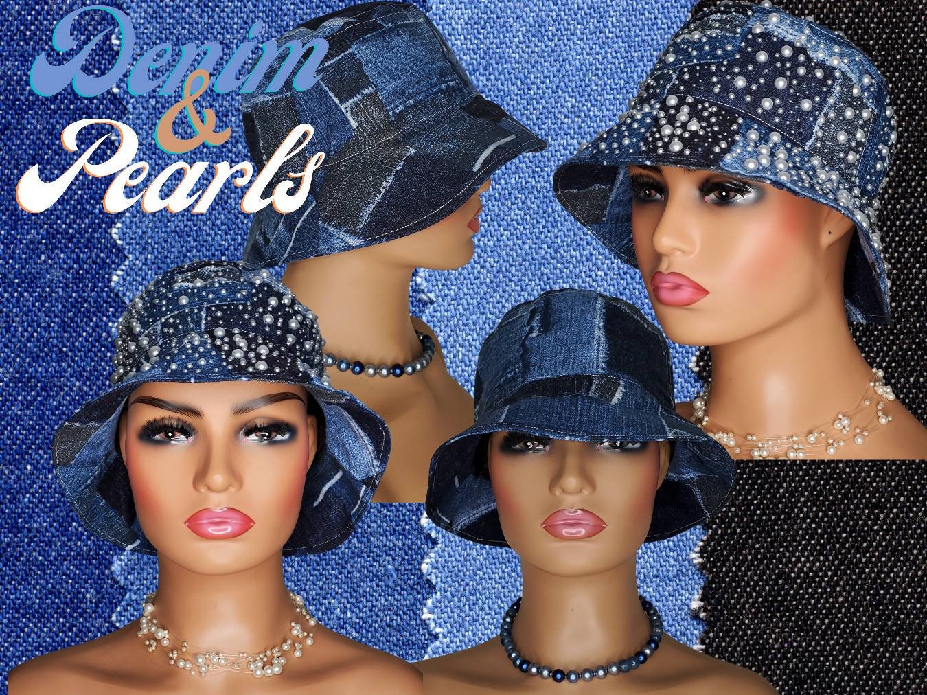 CUSTOM Cotton Denim Patchwork Bucket Hat With or Without Pearl ...