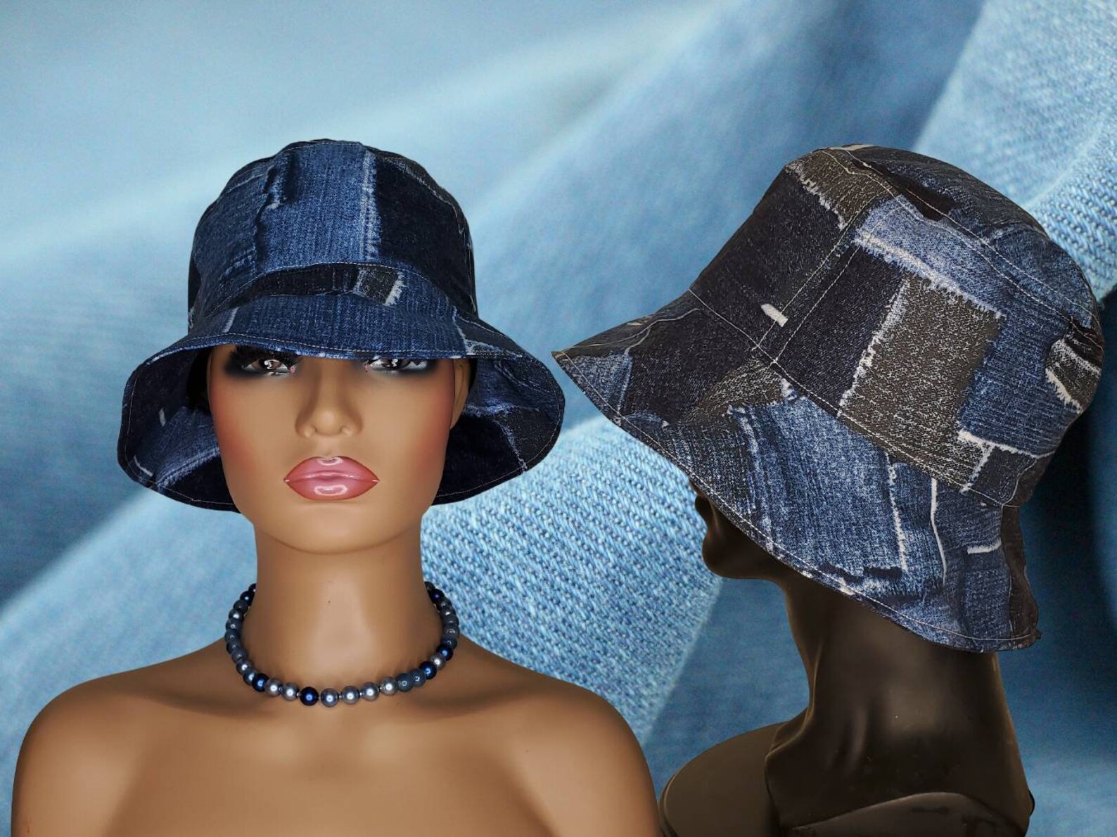 CUSTOM Cotton Denim Patchwork Bucket Hat With or Without Pearl Embellishments - Etsy