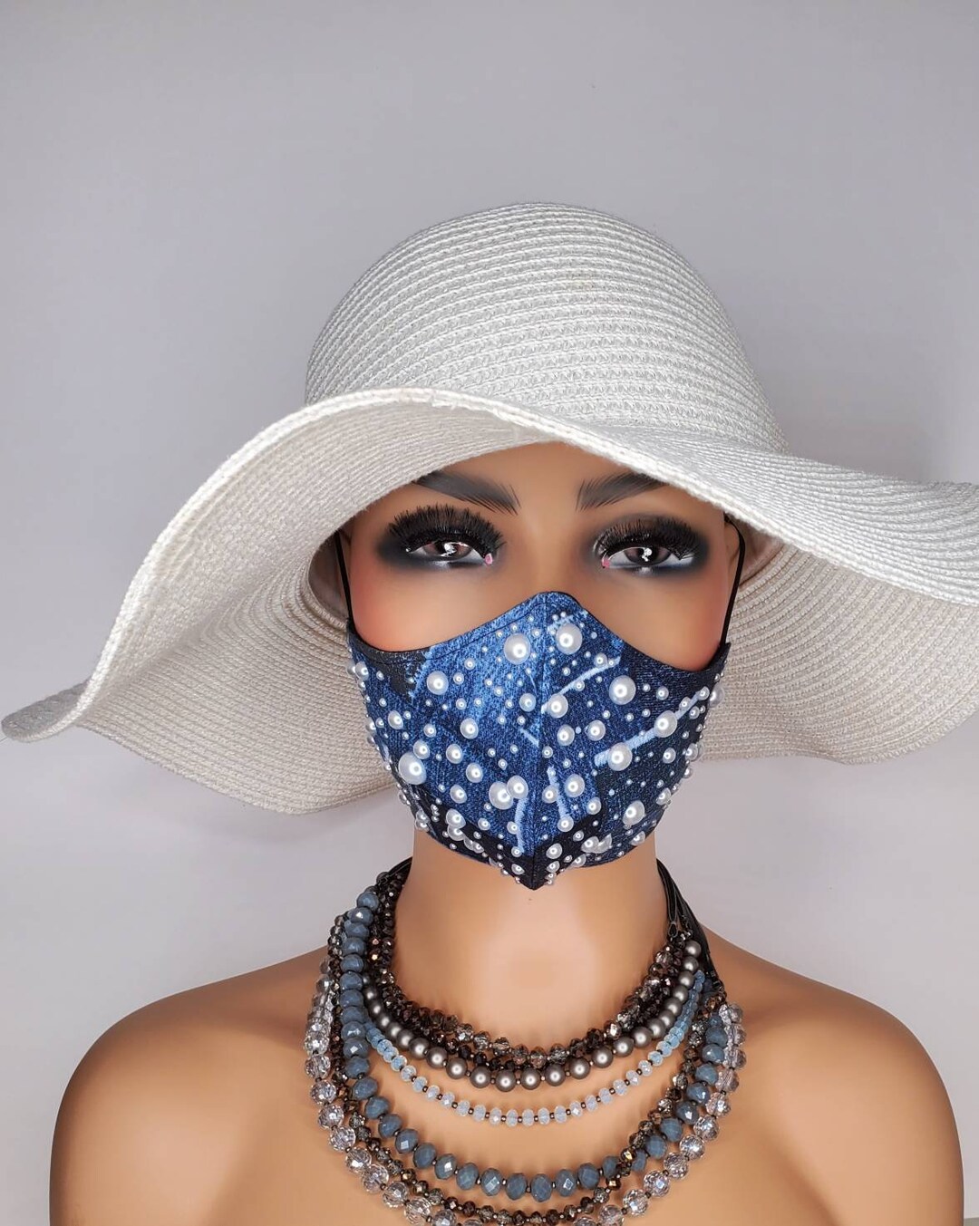 CUSTOM Cotton Denim Blue Jean Pearl Patchwork Face Mask With Filter ...