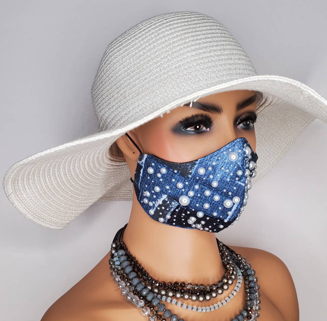 CUSTOM Cotton Denim Blue Jean Pearl Patchwork Face Mask with Filter ...