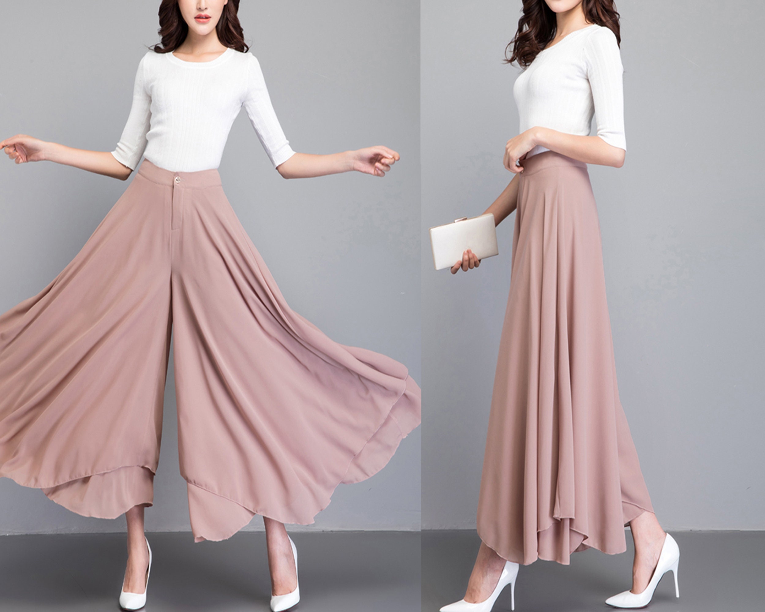 Chiffon Skirt Pants, Women's Cropped Pants, Wide Leg Pants Chiffon Skirt Pants, Women's Cropped Pants, Wide Leg Pants