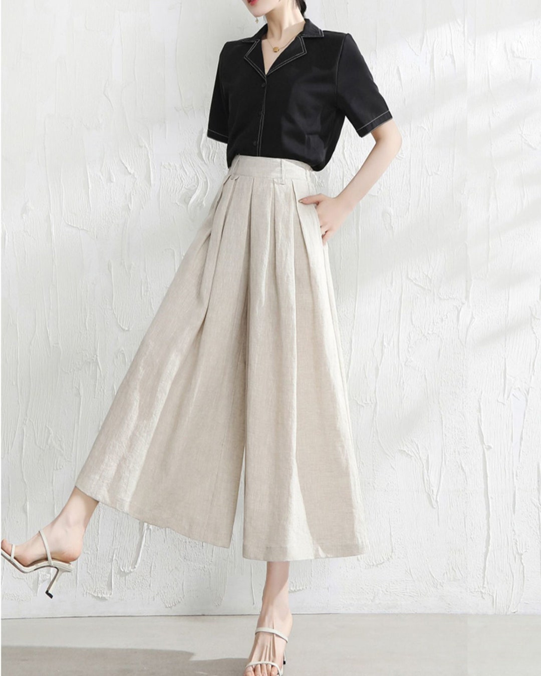 Linen Skirt Pants, Cropped Pants, Wide Leg Pants, Black Skirt Pants ...