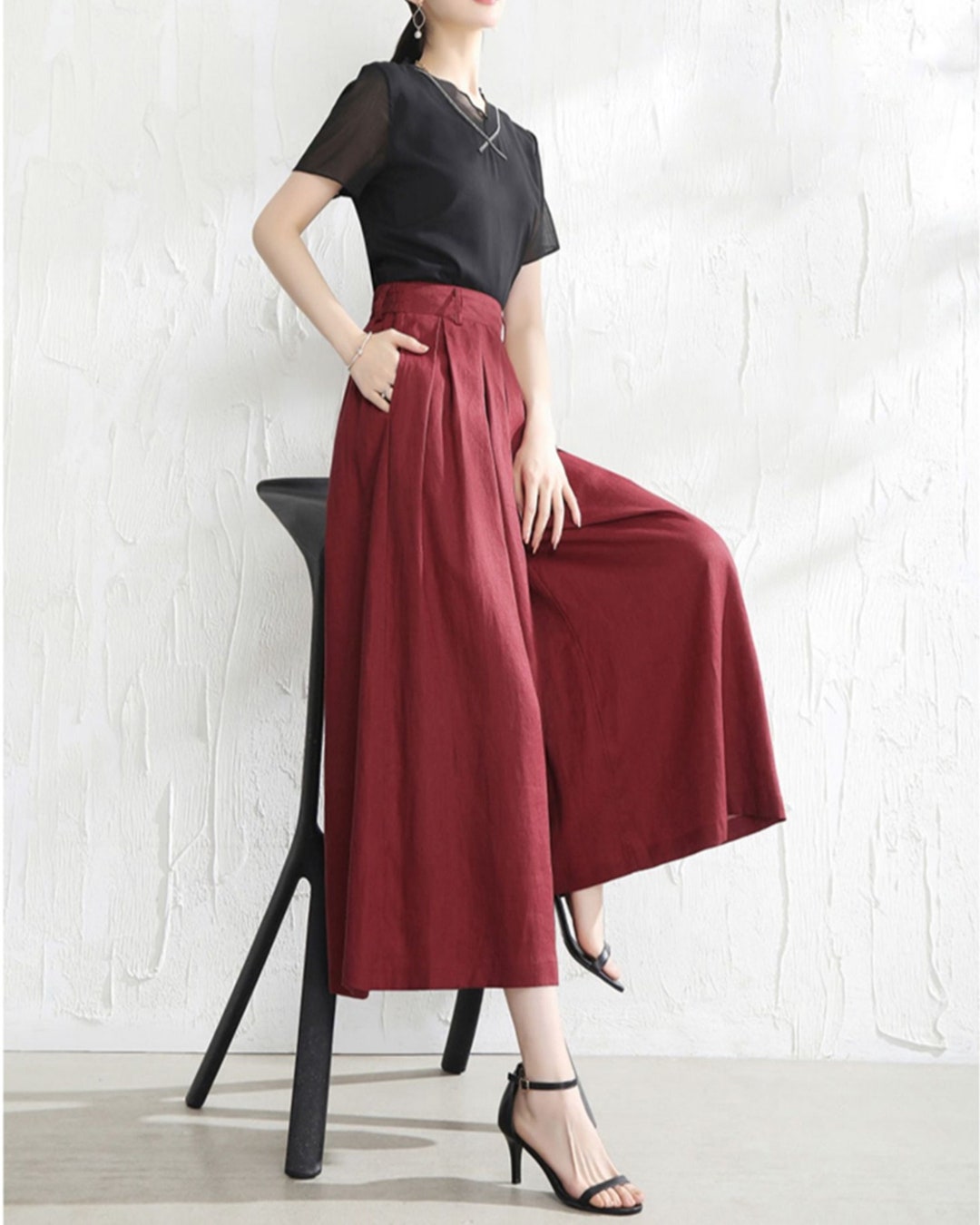 Linen Skirt Pants, Cropped Pants, Wide Leg Pants, Black Skirt Pants ...