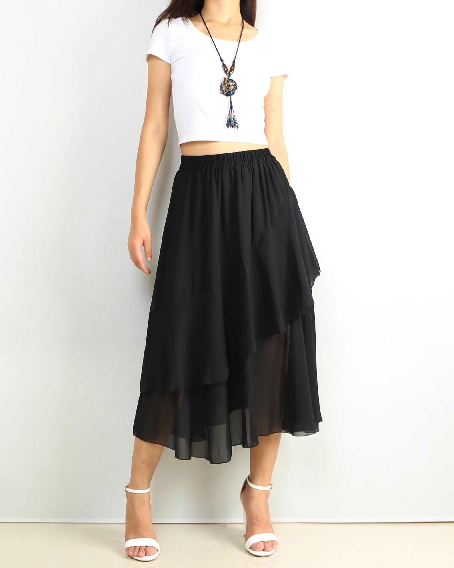 Black Chiffon Skirt Elastic Waist Skirt Midi Layered Skirt Etsy