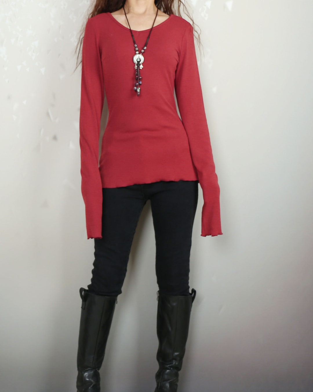 Form Fitting Top, Women's Long Long Sleeves Top, V-neck Top, Bottoming ...