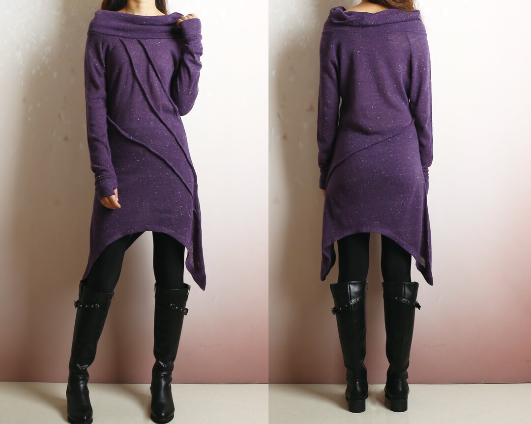 Knit Tunic Dress: off Shoulder Collar, Thumbholes, Asymmetrical Hem - Etsy