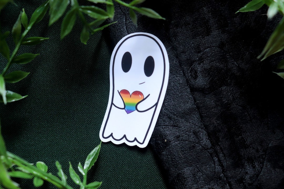 LGBTQ Waterproof Sticker Spooky Ghost Artwork Holding a Rainbow Heart ...