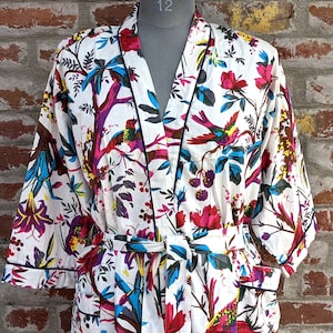 Long Cotton Kimono, Handmade Bird Print Cover up Bath Robes,beach Wear ...