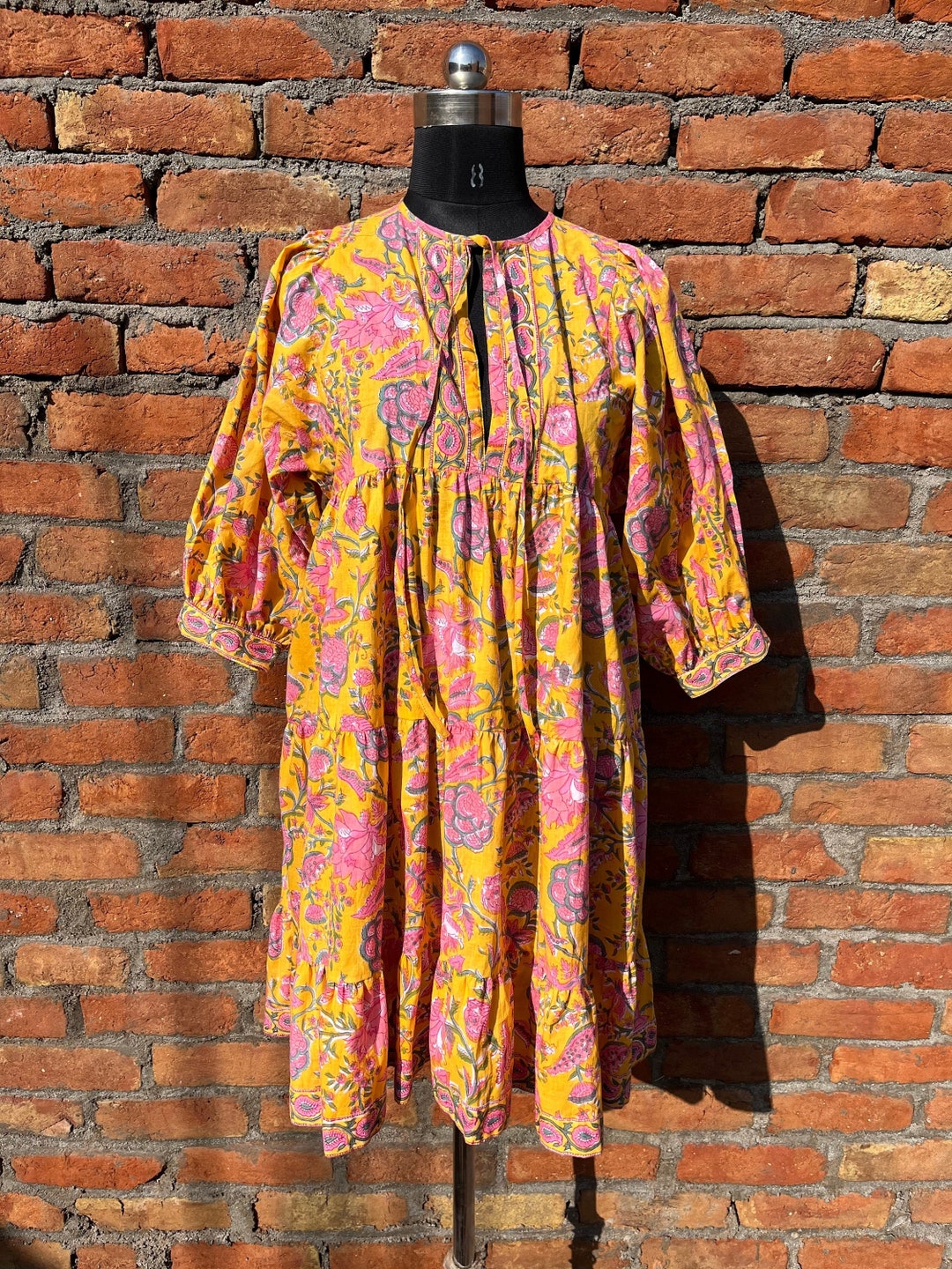 Hand Block Print Mini Dress, Floral Block Print Dress, Deep Neck With ...