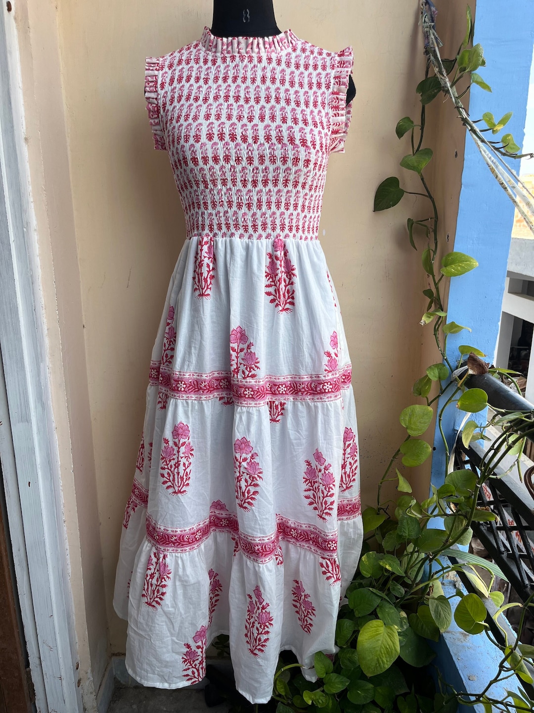 Hand Block Print Cotton Maxi Dress: Shirred Ruffle Neckline - Etsy