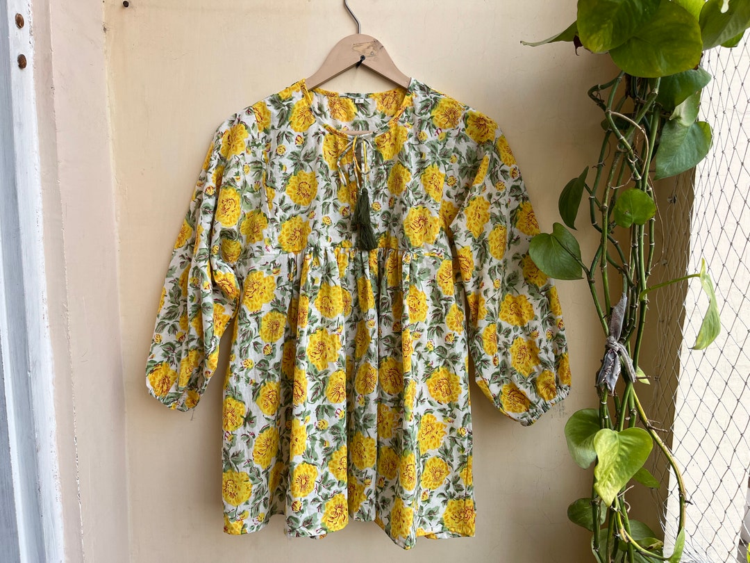Floral Block Print Tunic Top, Deep Neck With String Closer, Hand Block ...