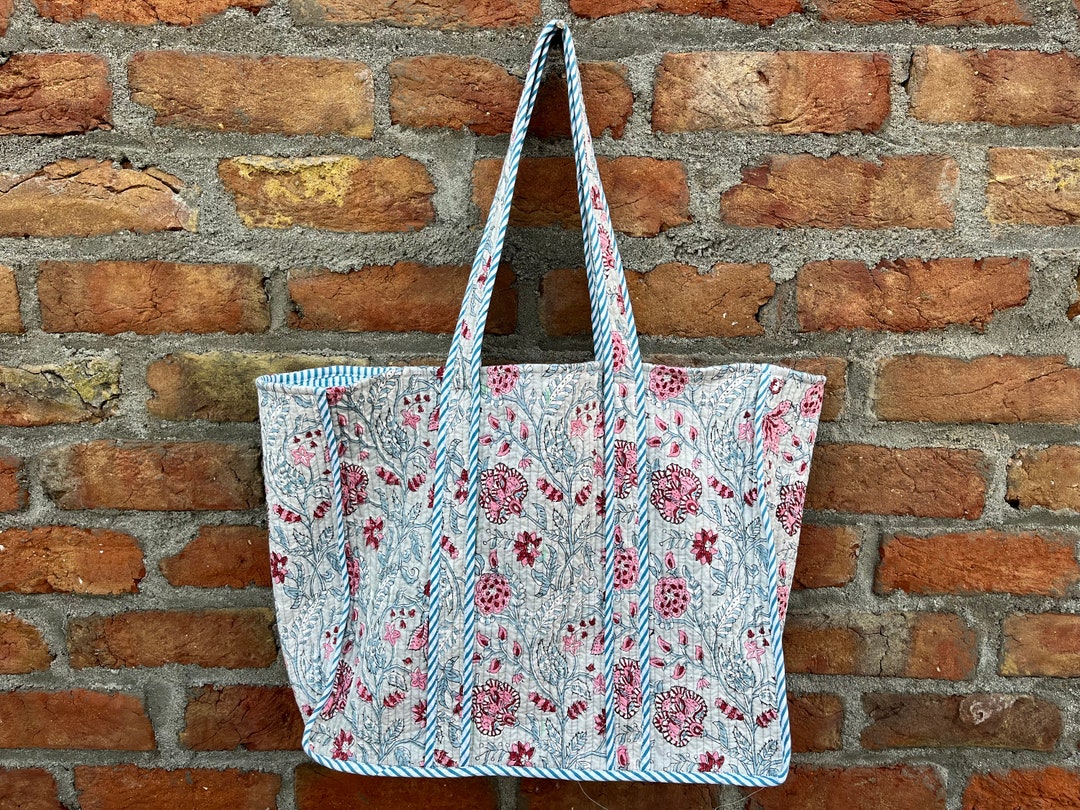 Floral Block Print Quilted Cotton Tote Bag | Handmade Eco Friendly ...