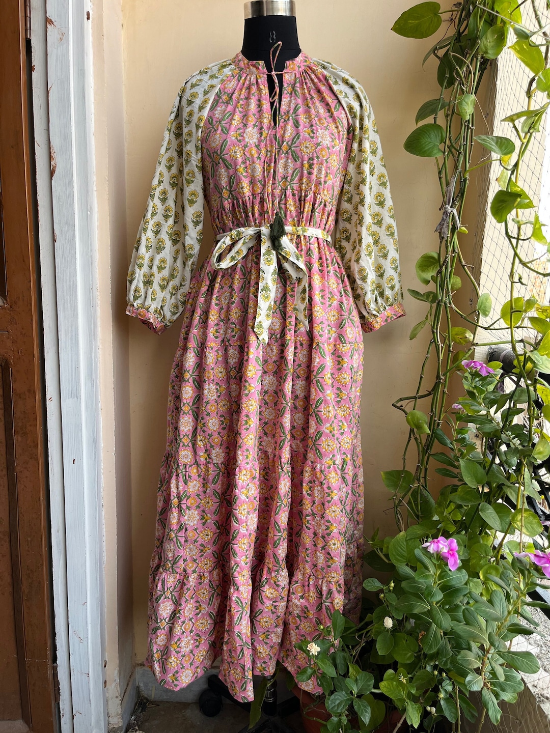 Mix Color Block Printed Cotton Maxi Dress, Summer Wear Long Maxi Dress ...