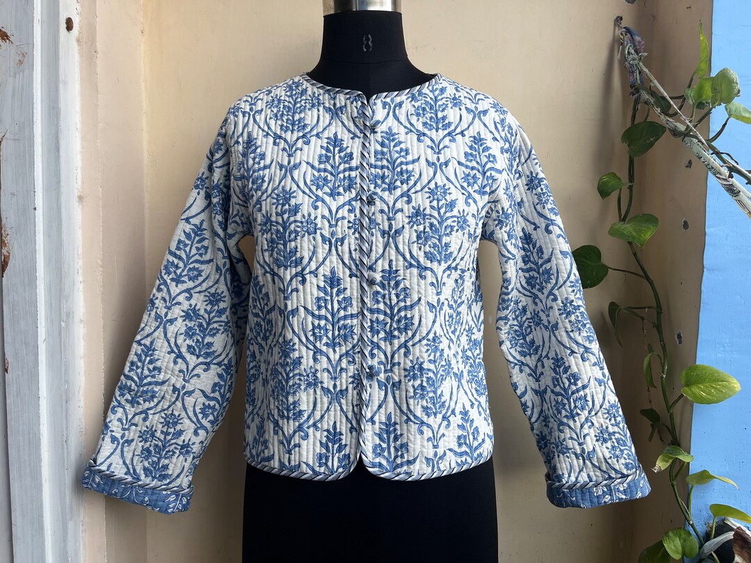 Hand Block Print Quilted Jacket: Reversible Sky Blue Floral Kimono - Etsy
