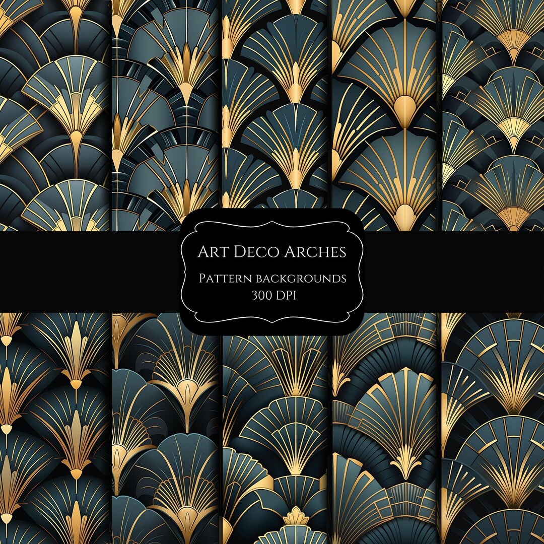 Vintage Art Deco Digital Paper, Blue and Gold Digital Paper Pack, Art ...