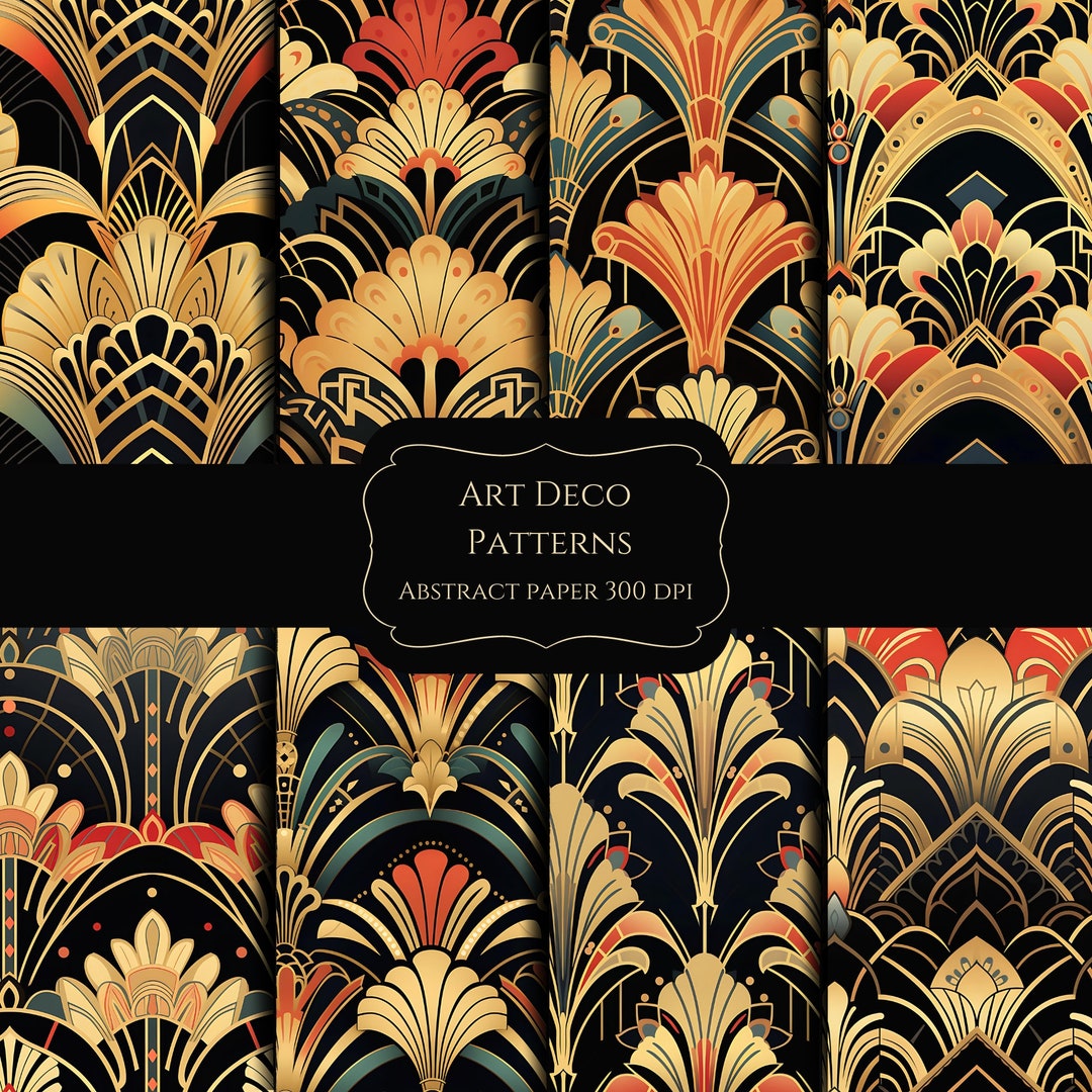 Vintage Art Deco Digital Paper, Gold and Red Digital Paper Pack, Art ...