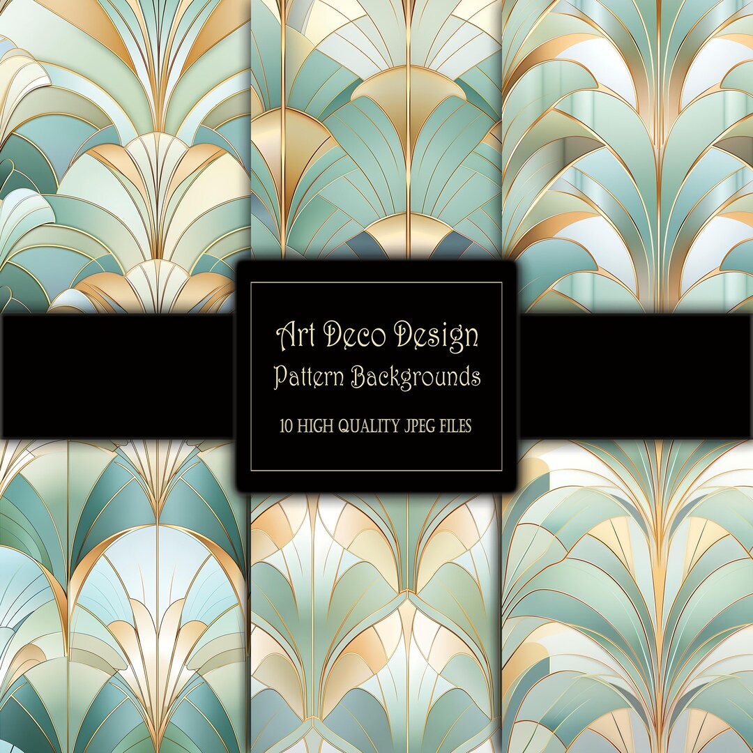 Vintage Art Deco Digital Paper, Green and Gold Digital Paper Pack, Art ...